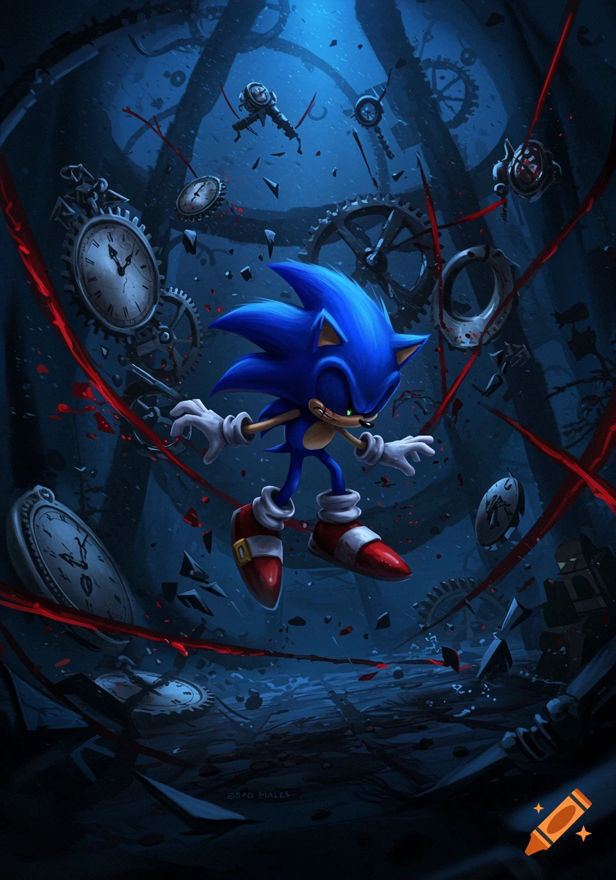 Sonic the Hedgehog stands in a dark, chaotic scene filled with broken ...