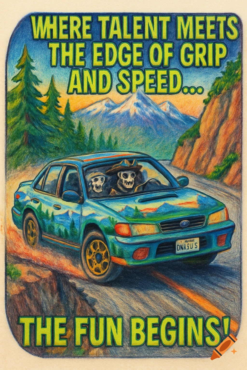 A colorful colored pencil drawing of a blue rally car with skeletons ...