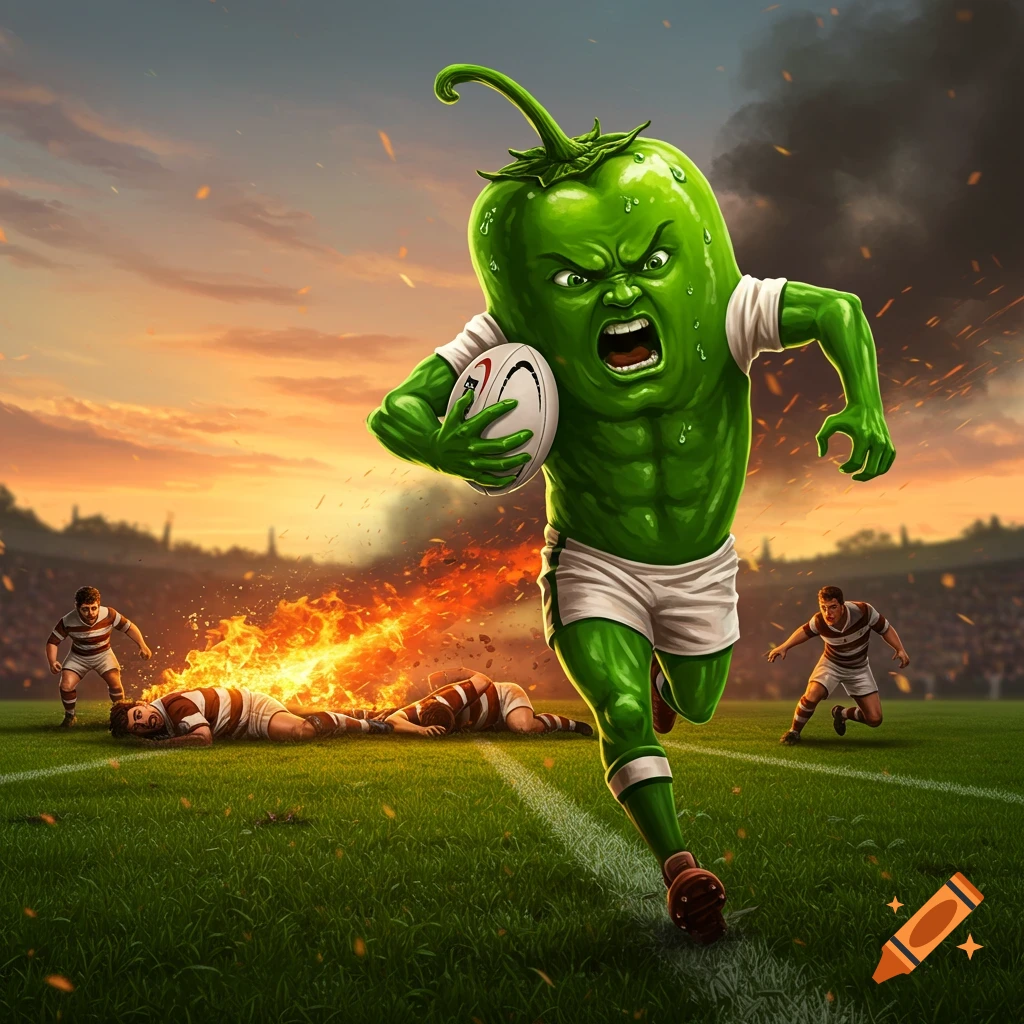 A muscular green chili pepper rugby player with an angry expression ...