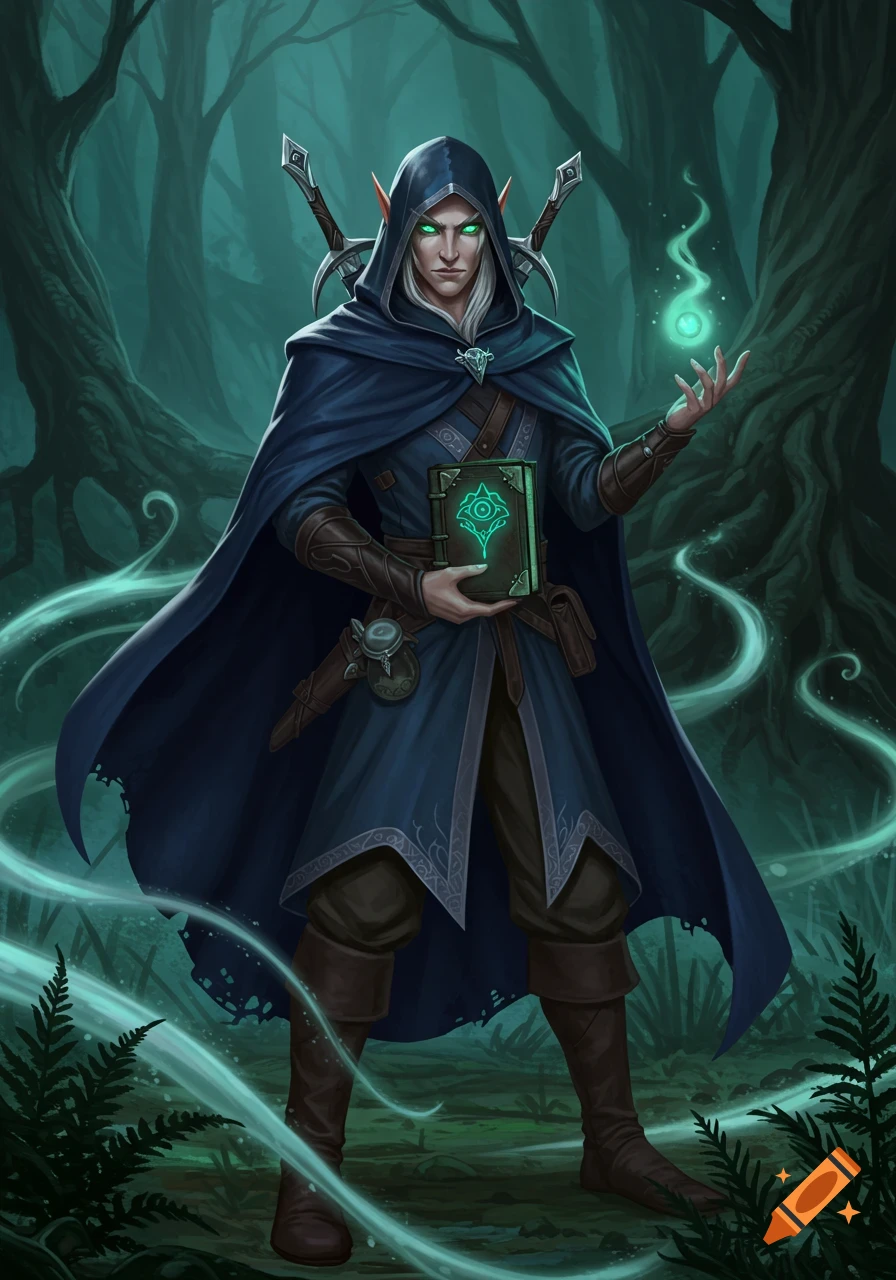 An anime-style dark-haired woman in a black Victorian dress conjures ...