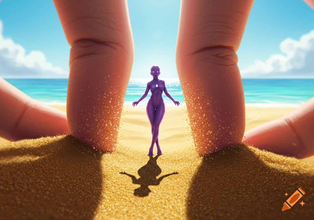 A small purple superheroine stands on a sandy beach between two giant ...