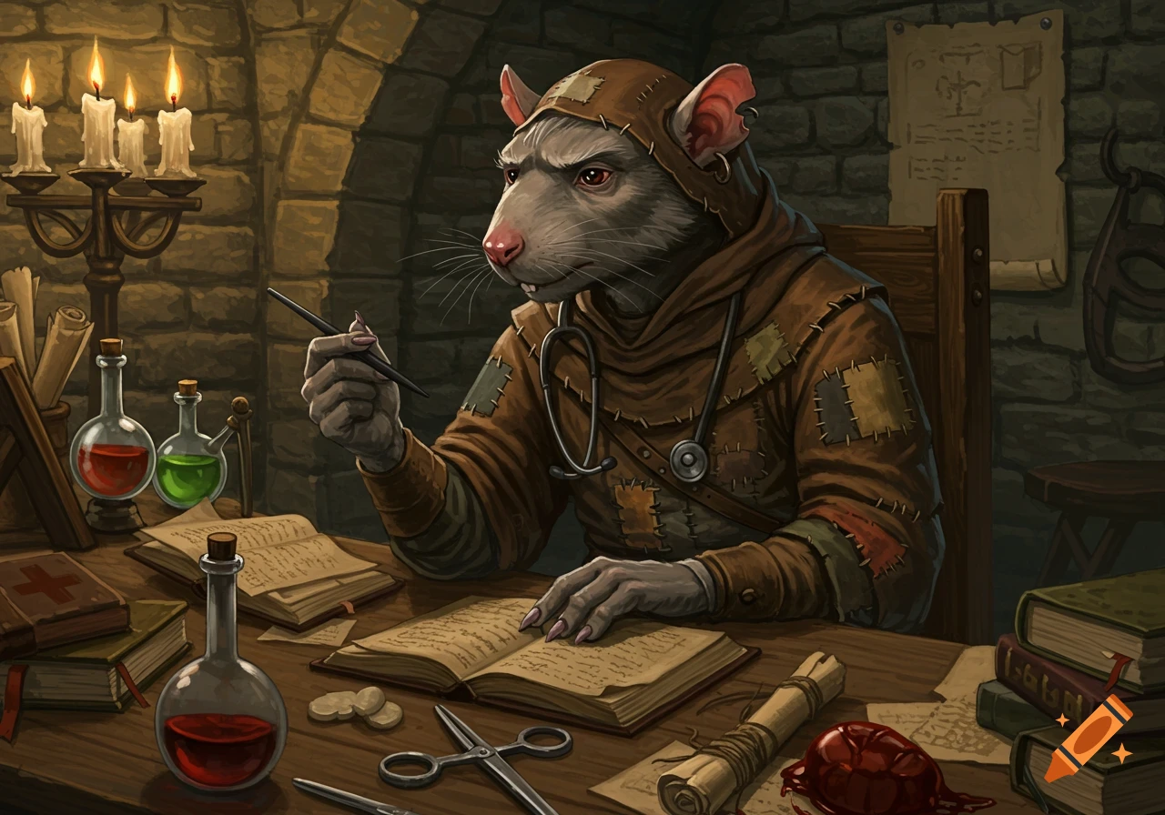 Smiling anthropomorphic red fox in medieval clothes with feet on a ...