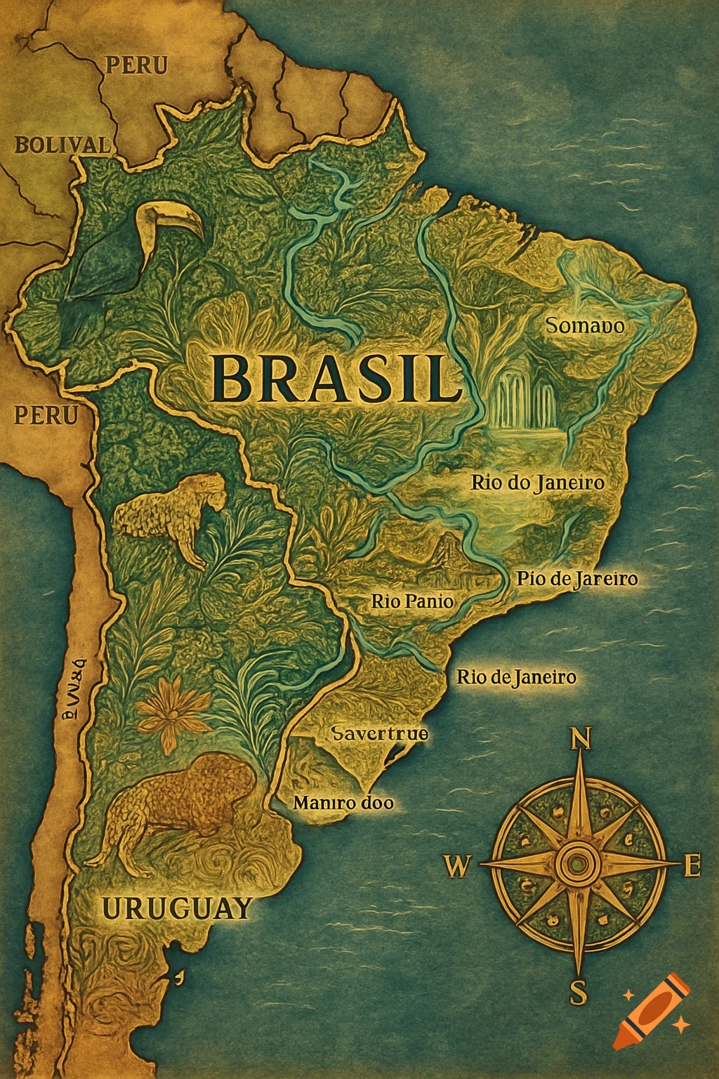 Stylized, illustrative map of South America, highlighting the diverse ...