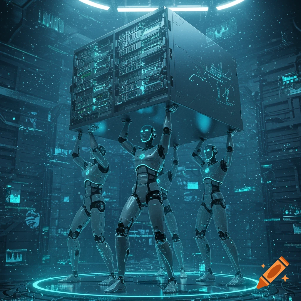 Four humanoid robots, glowing blue, carry a massive server rack through ...