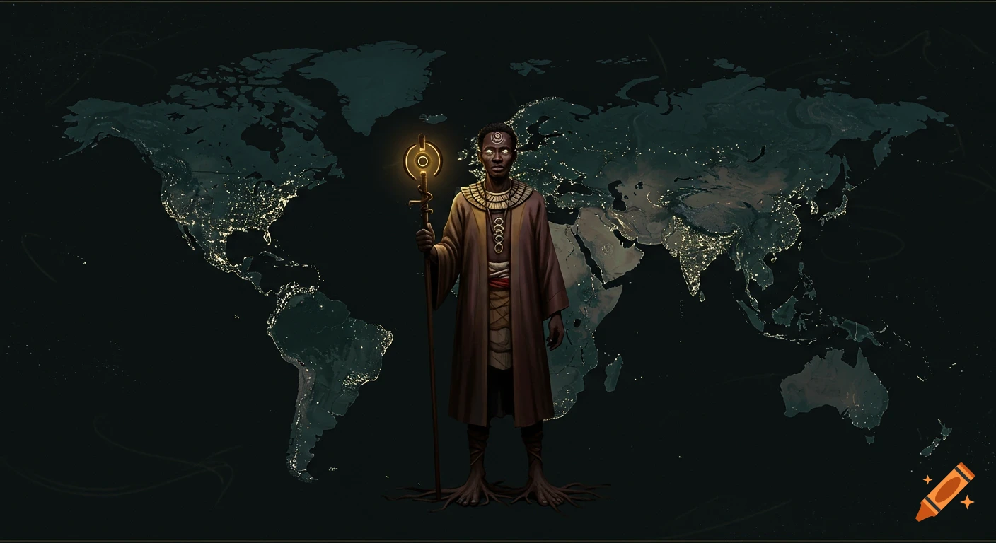 A dark-skinned man with glowing eyes, wearing tribal robes, holds a ...