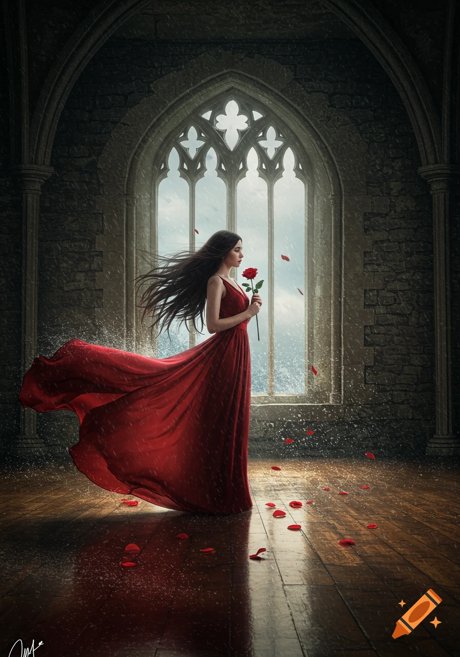 A woman in a flowing red gown holds a rose by a large arched window in ...