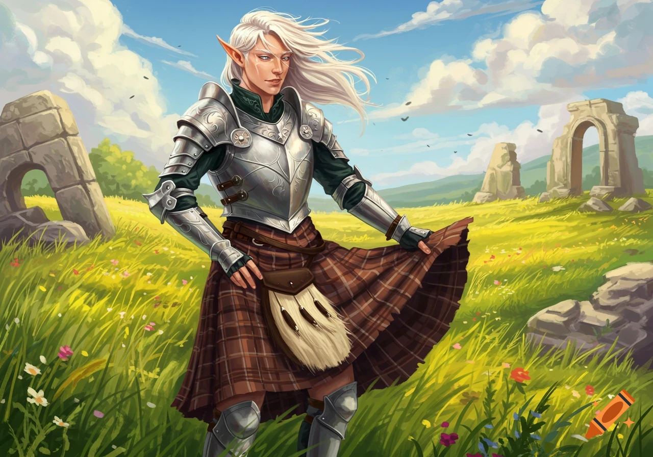 A male elf in silver armor and a brown kilt stands in a green field ...