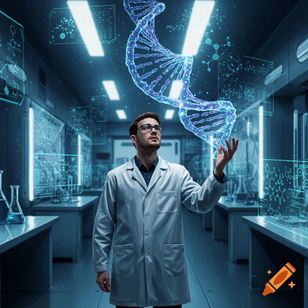 Colorful DNA double helix strands projected as a hologram in a dark, futuristic laboratory. on ...