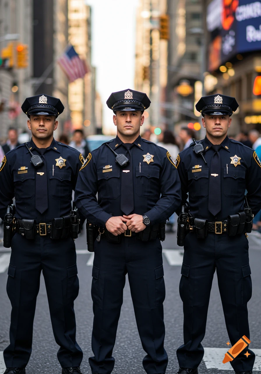 Three male police officers in dark blue uniforms stand proudly on a ...