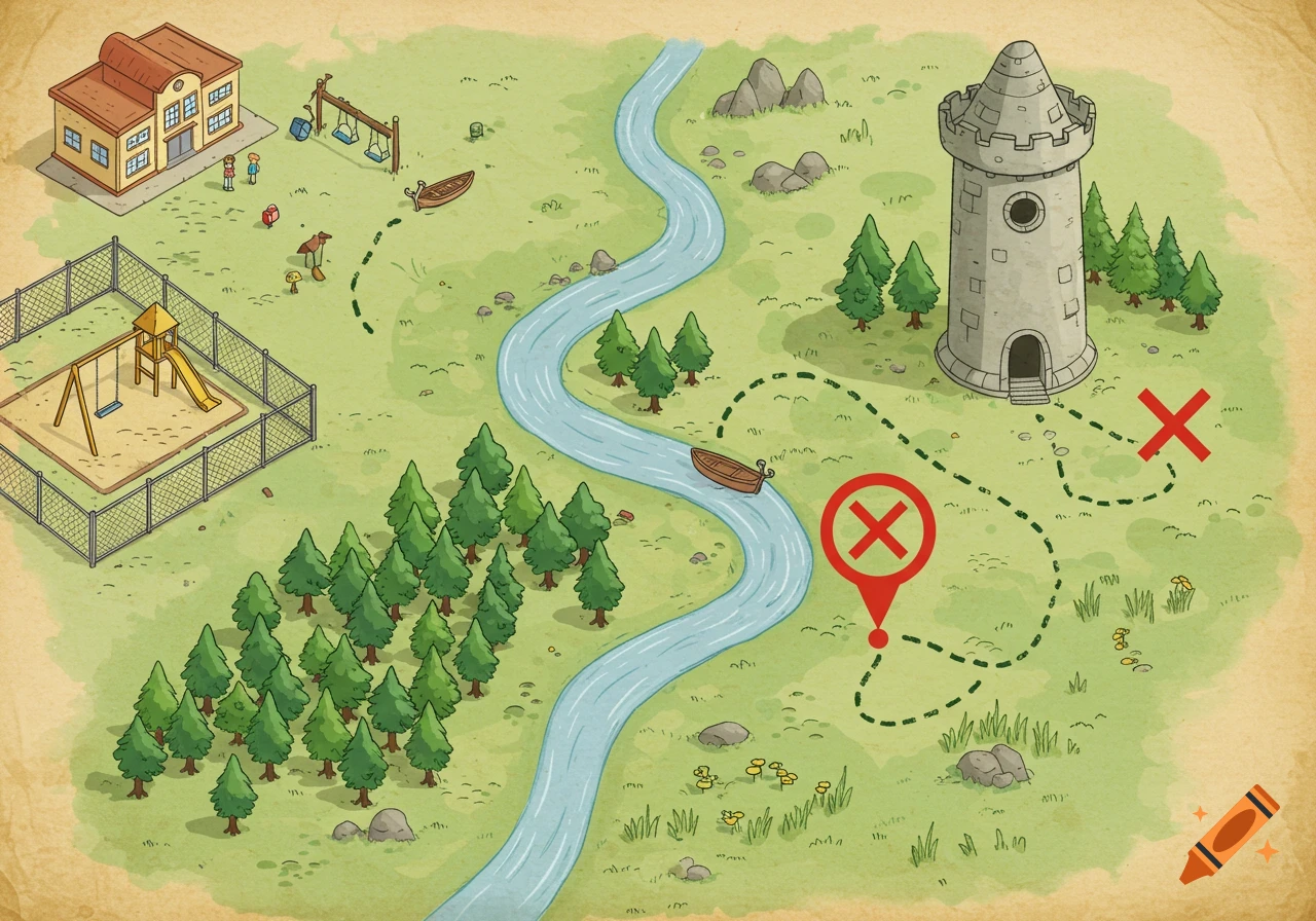A hand-drawn sketch of a tower defense game map, featuring winding ...