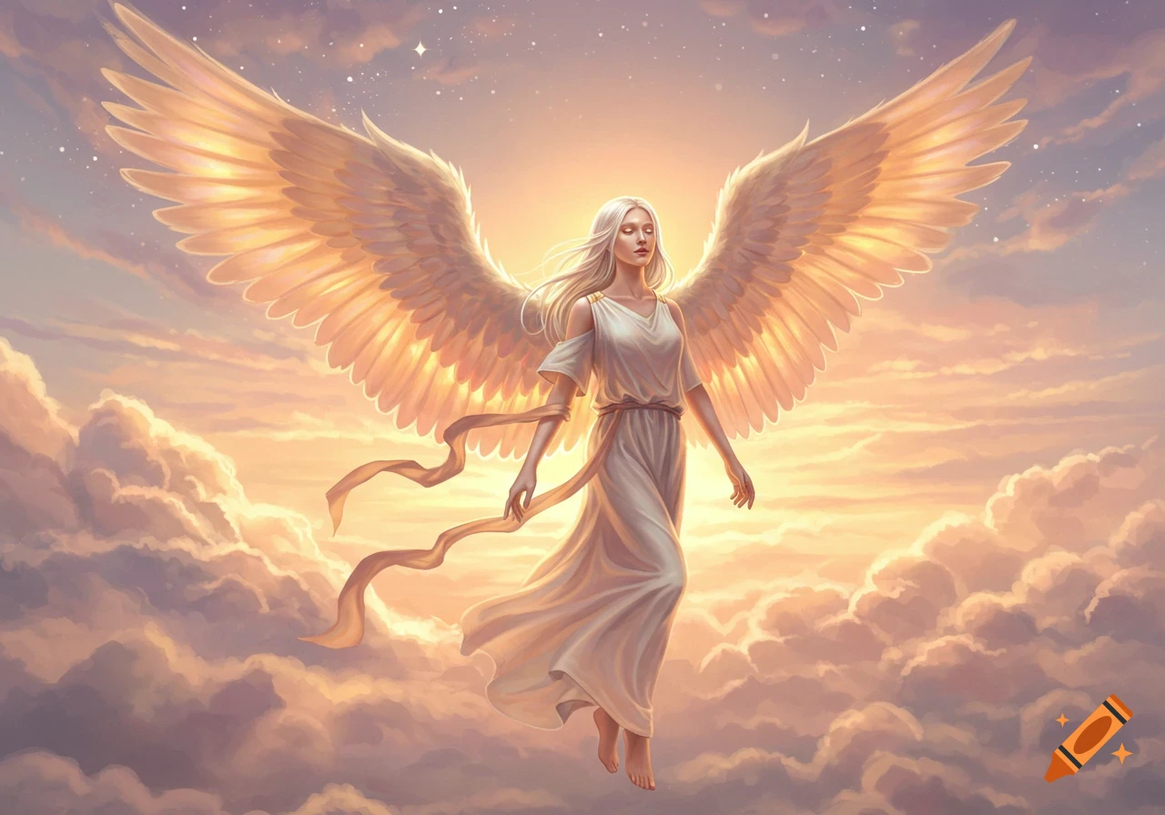 A serene female angel with large white wings, a pink flower crown, and ...