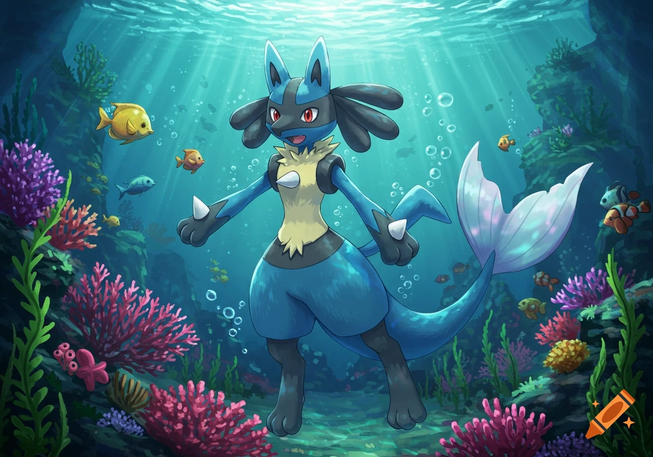 Lucario with a blue mermaid tail happily swimming underwater among ...