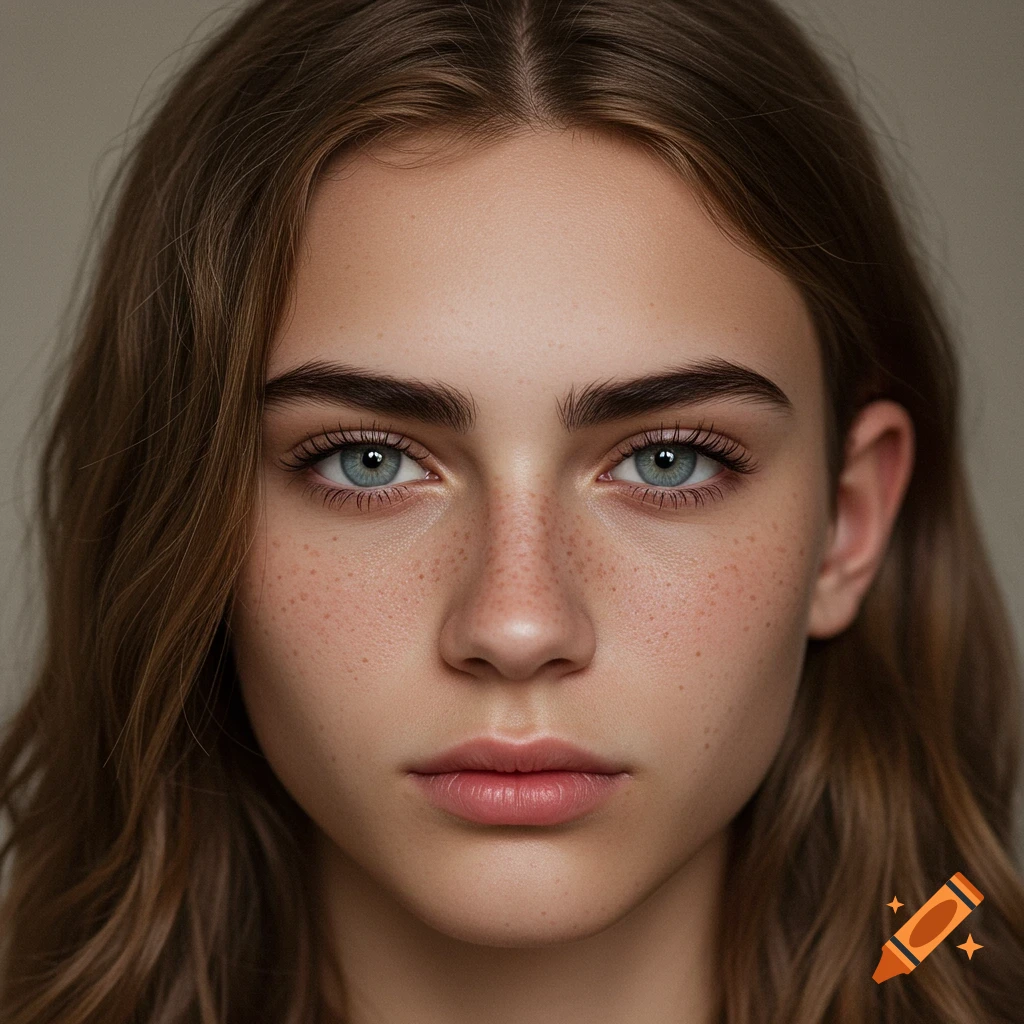 Close-up photorealistic portrait of a young woman with long brown hair, green eyes, and freckles ...