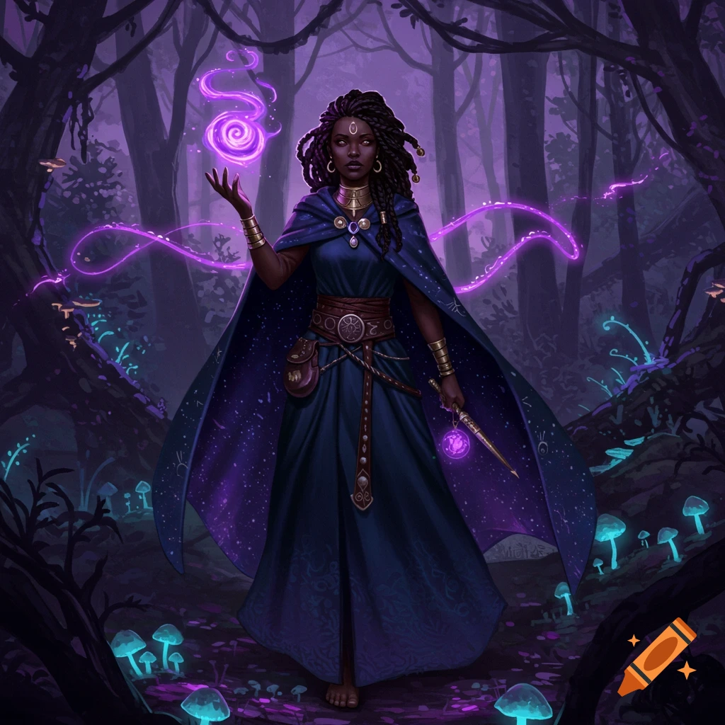 A black female witch in a blue cape casts purple magic in a dark ...