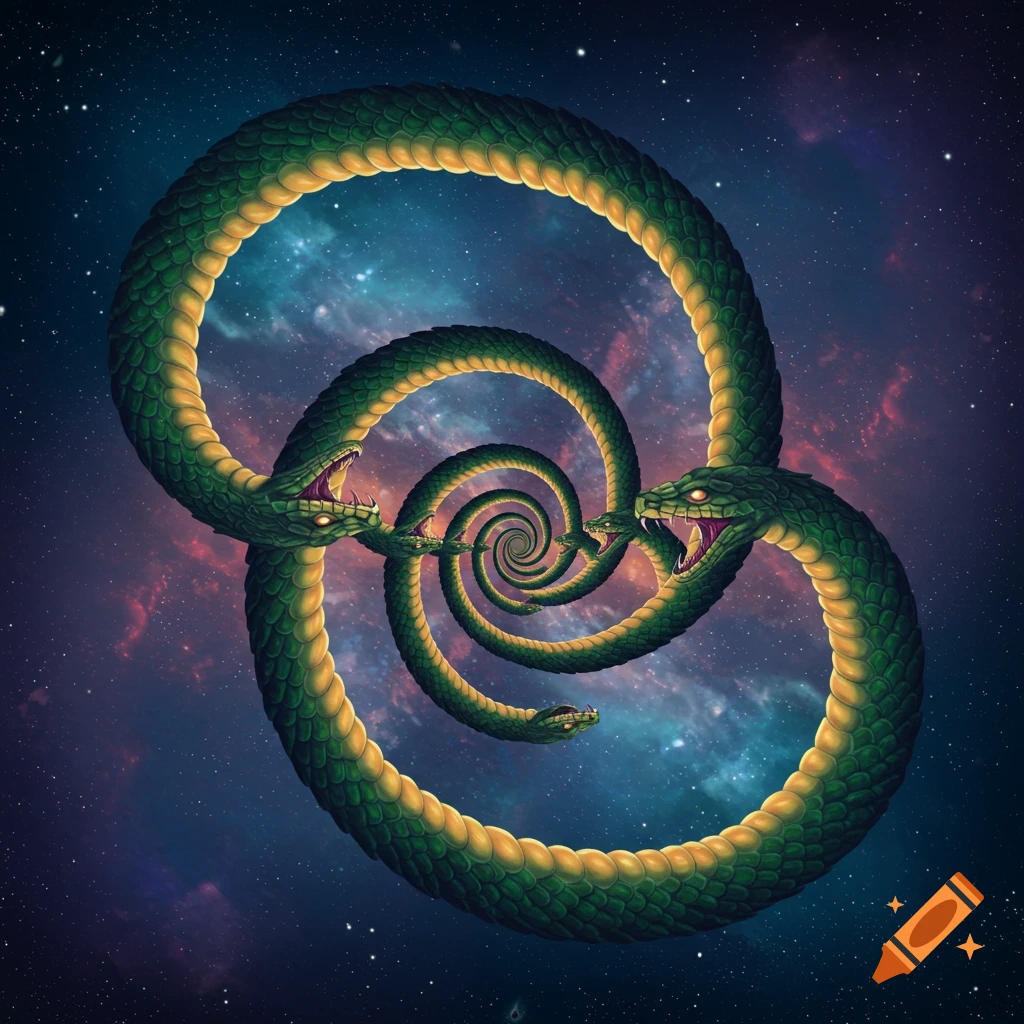 A vibrant green ouroboros snake spirals inward, each serpent biting the tail of the next, set ...