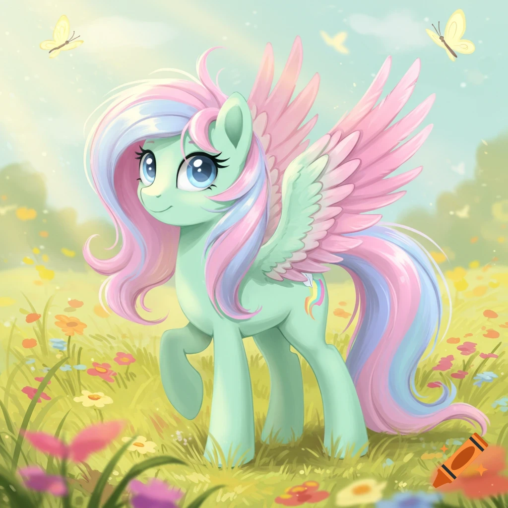 A cute mint green pegasus pony with pink wings and a pastel rainbow ...