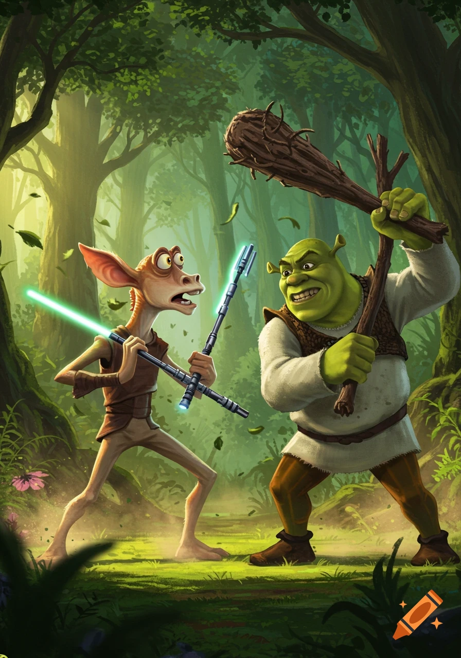 Shrek and Fiona happily relax in a mud bath in a lush green swamp with ...