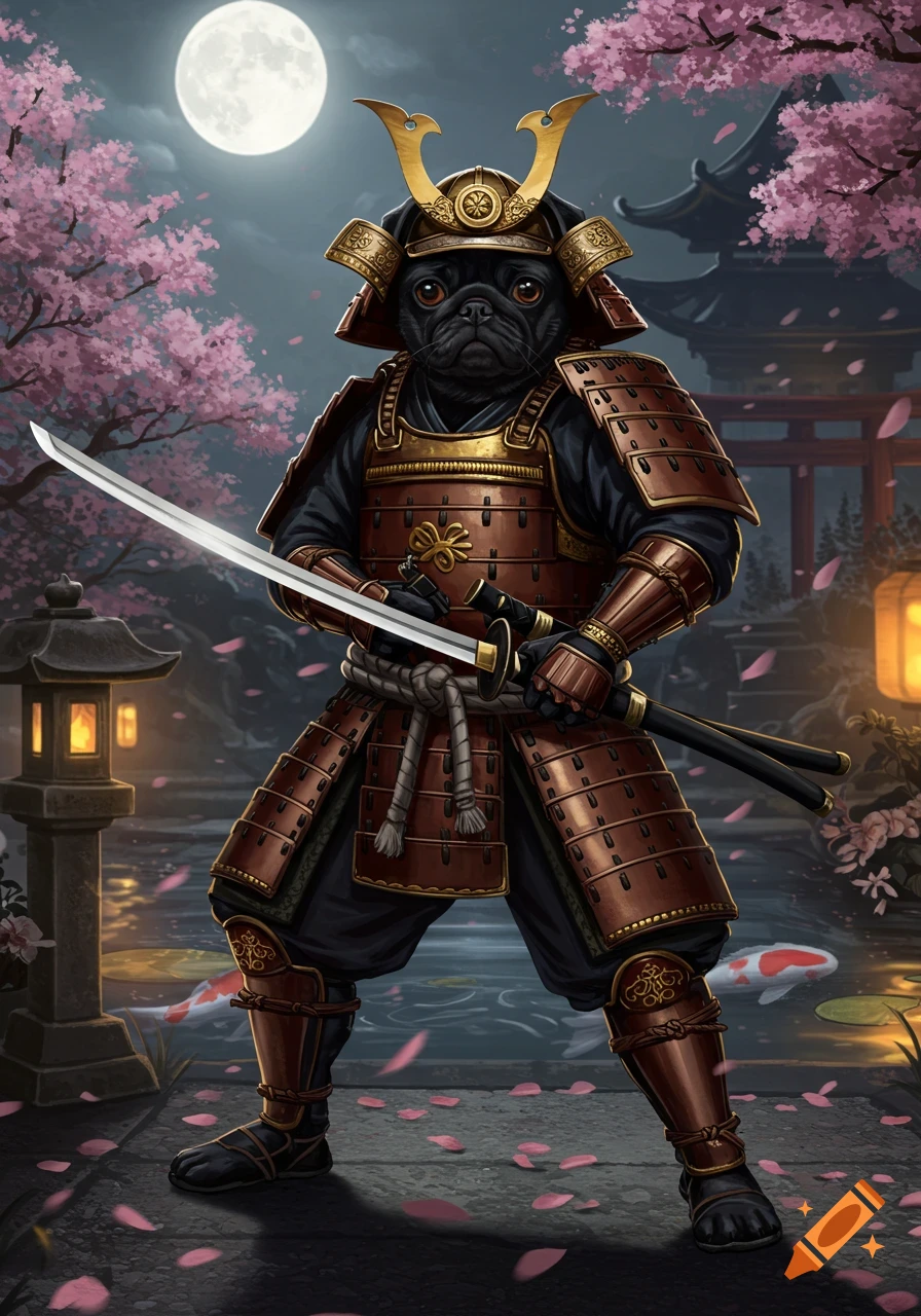 A cartoon red pepper character wearing detailed samurai armor, holding ...