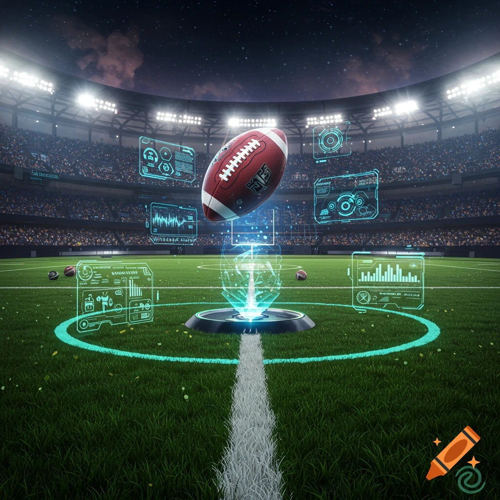 A football stadium at night with a floating football above a ...