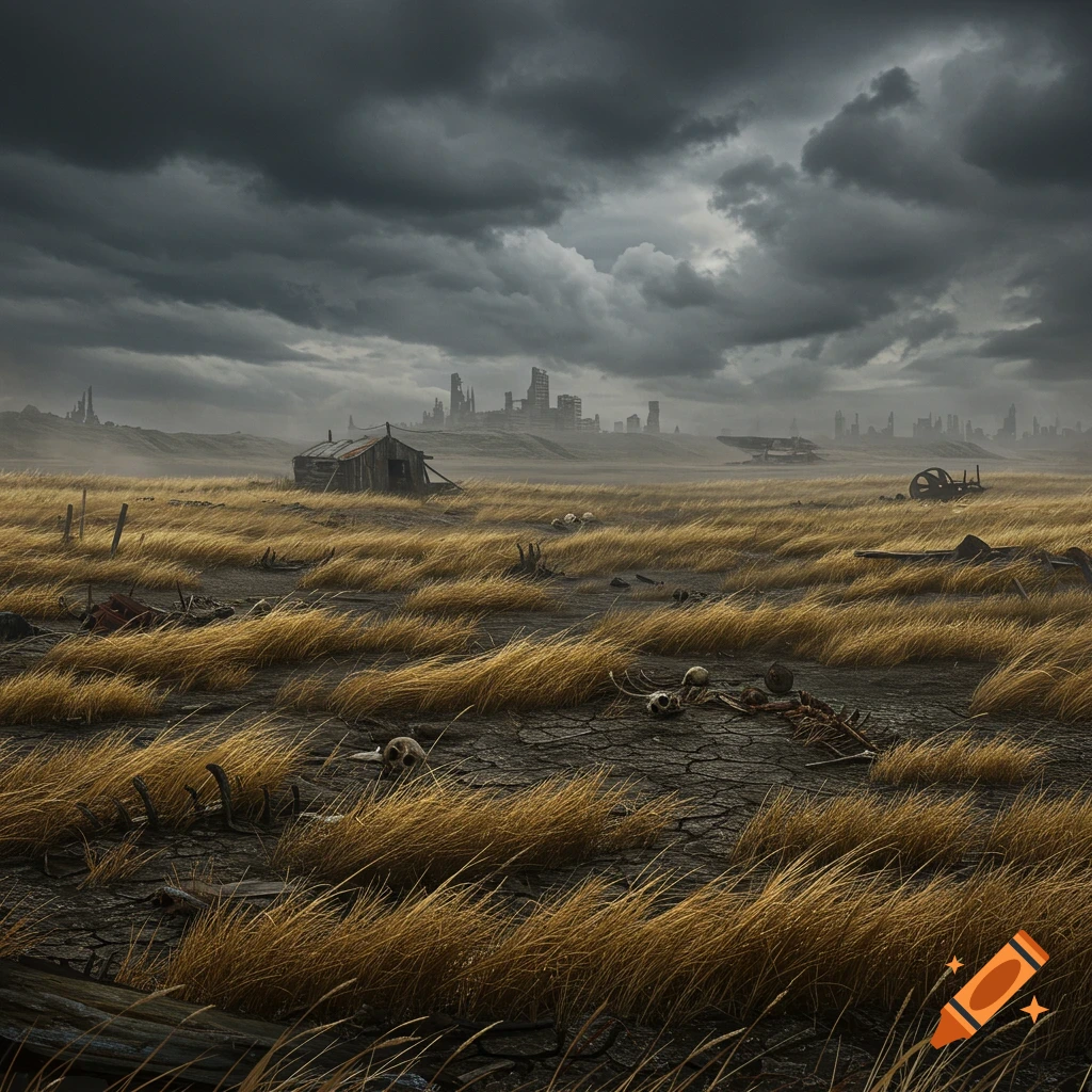 A post-apocalyptic shelter with shipping containers, a popup canopy, a ...