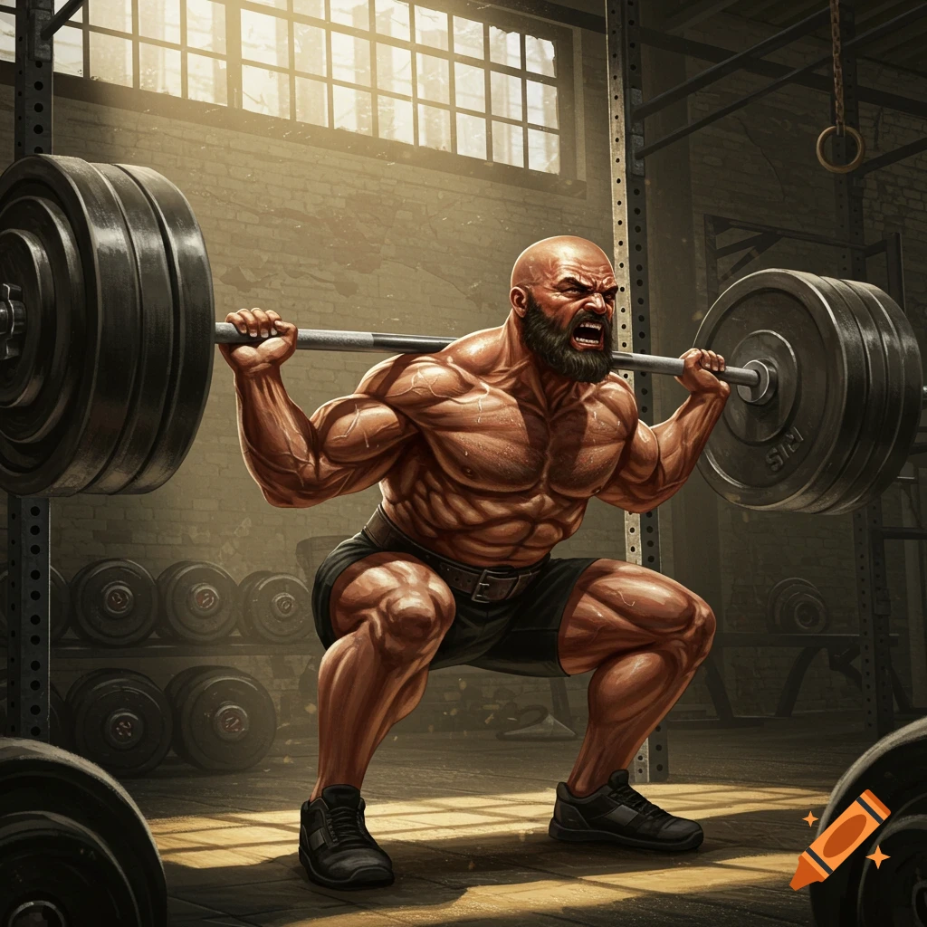 A powerful, sweating man with tattoos squats a heavy barbell in a gym ...