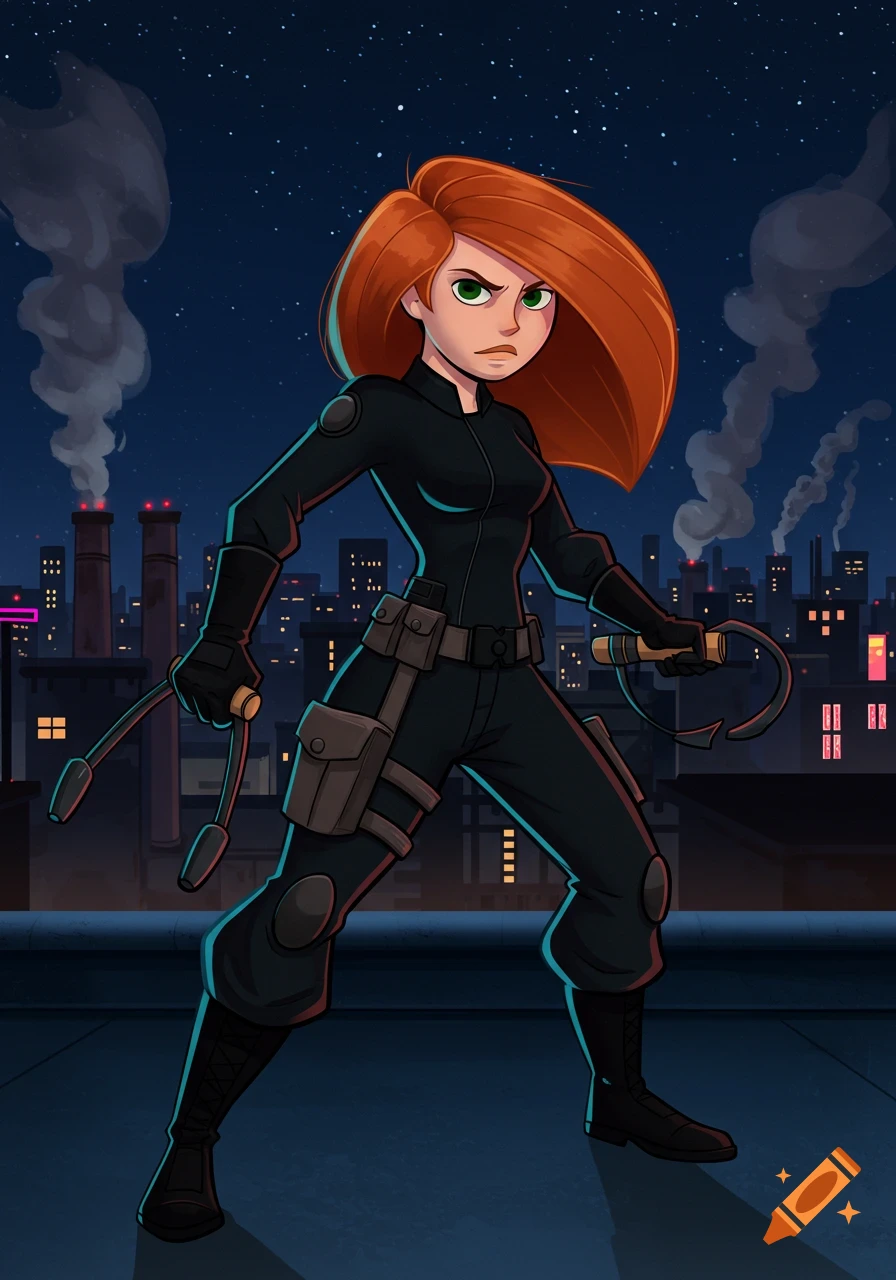 Cartoon of Kim Possible in a black suit, standing on a rooftop at night ...