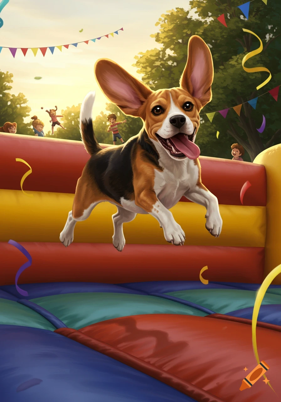 A happy beagle dog with large ears jumps on a colorful bounce house at ...