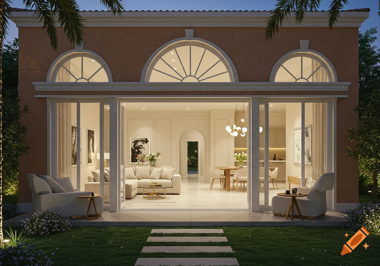 A grand white neoclassical house with a portico, gravel driveway, and ...