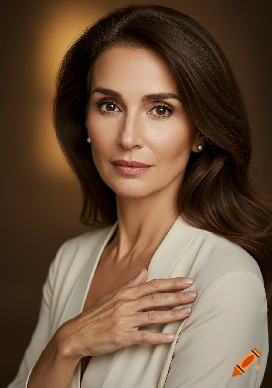 Photorealistic portrait of a mature woman with long brown hair, brown ...