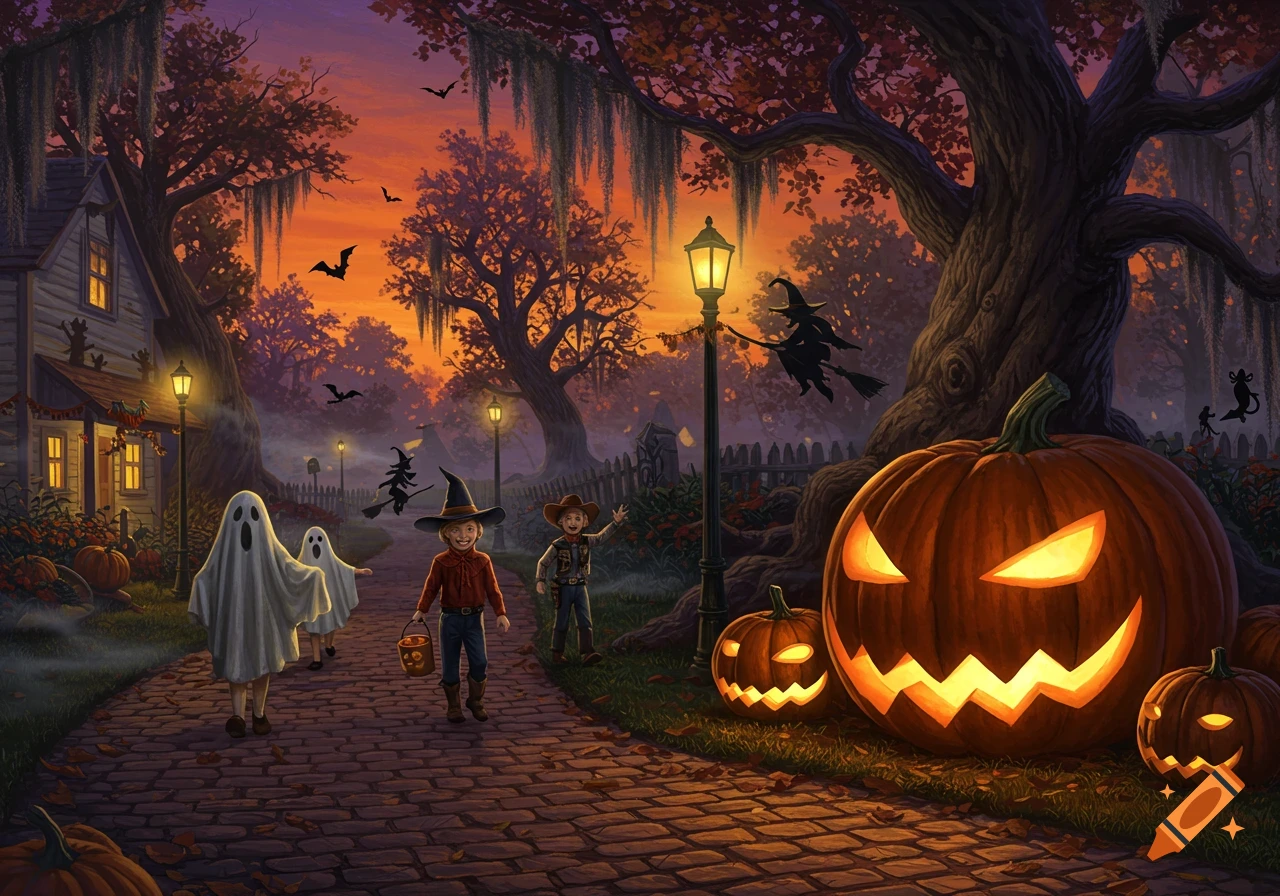 A cute cartoon Menehune in a leaf skirt and flower lei holds a pumpkin ...