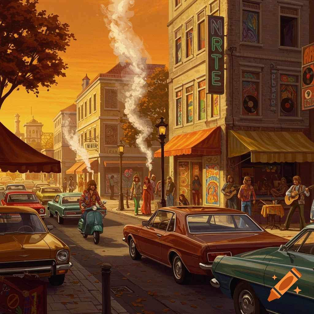 A busy street scene with people and vintage cars at sunset, evoking the ...