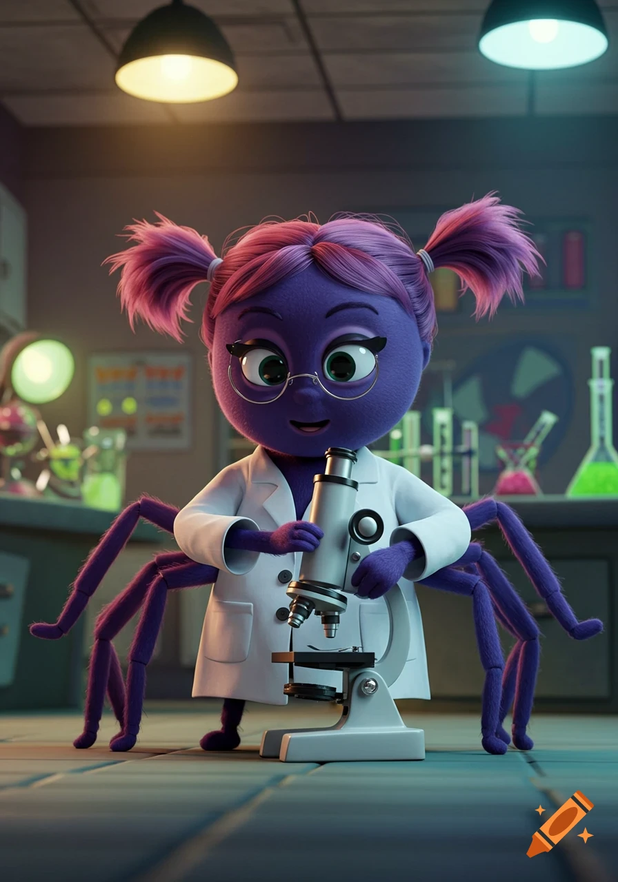A cartoon purple spider with pink pigtails and a white lab coat looks ...