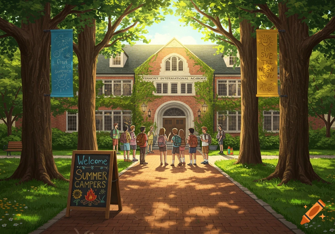 An illustration of students gathered outside a brick academy building ...