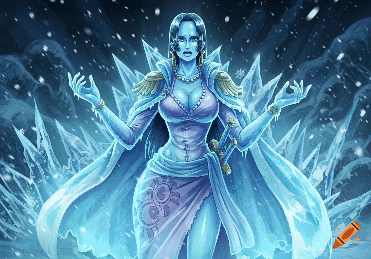An anime character, Boa Hancock, appears frozen in ice with a surprised ...
