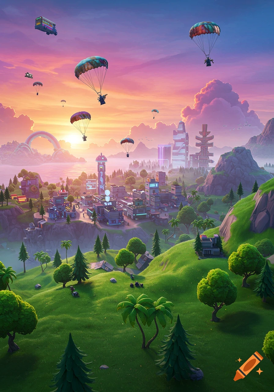 Fortnite Battle Bus flying over a detailed game map landscape on Craiyon