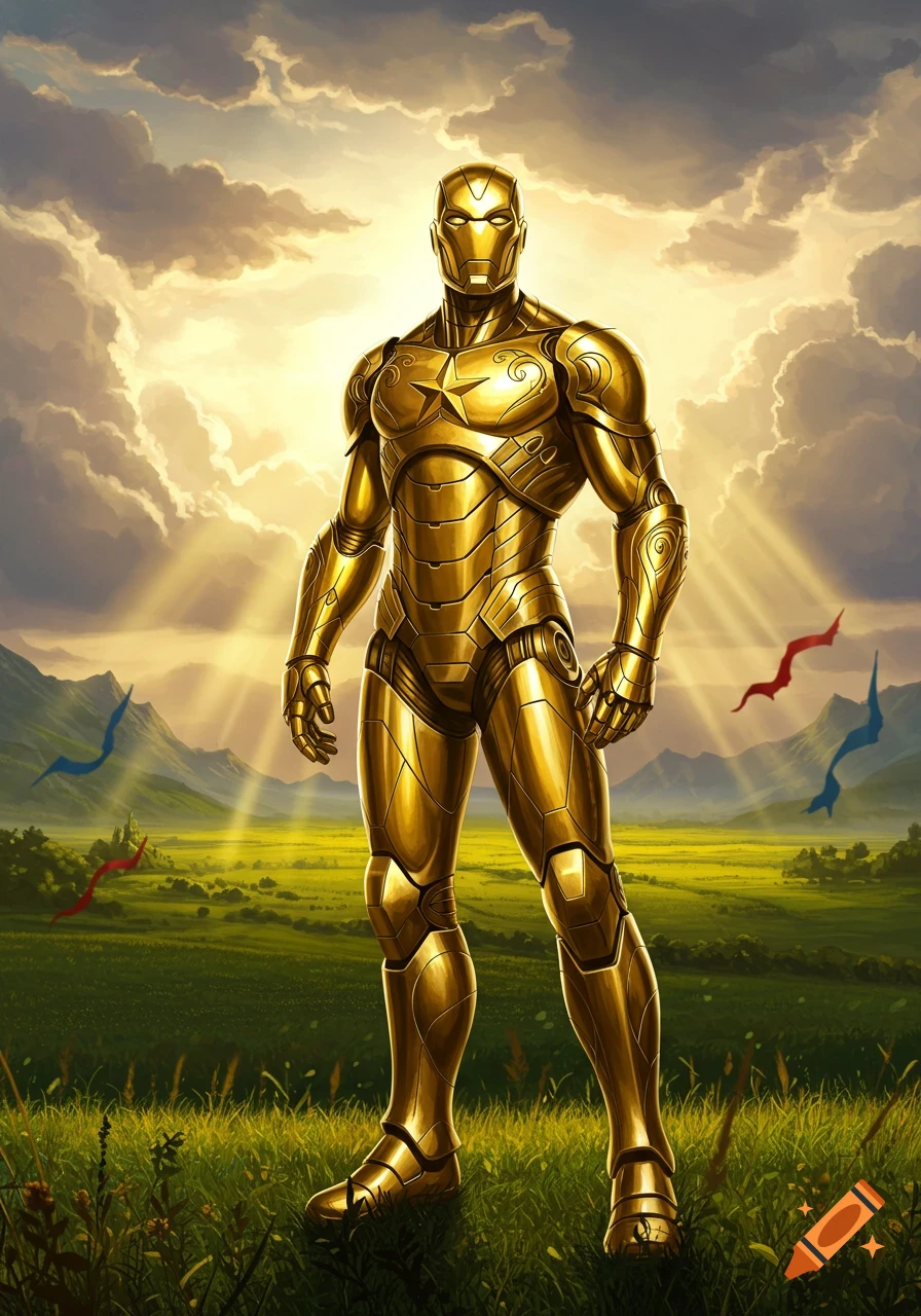 A golden Iron Man with a Spartan helmet stands on a classical pillar ...