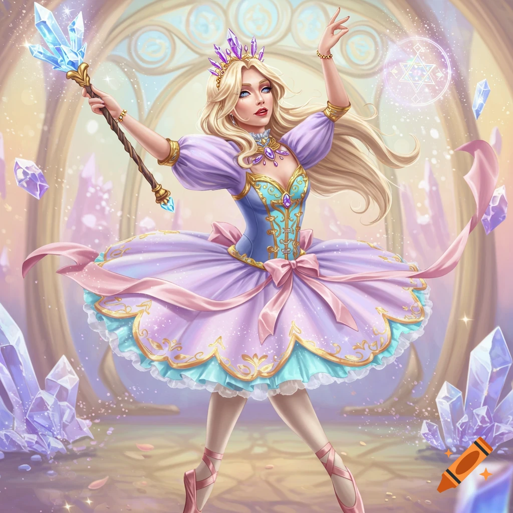 A blonde arcane mage ballerina in a lilac and cyan tutu, holding a ...