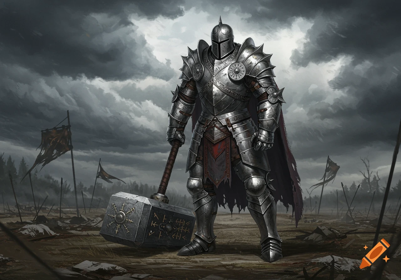 A heavily armored knight stands on a desolate battlefield under a ...
