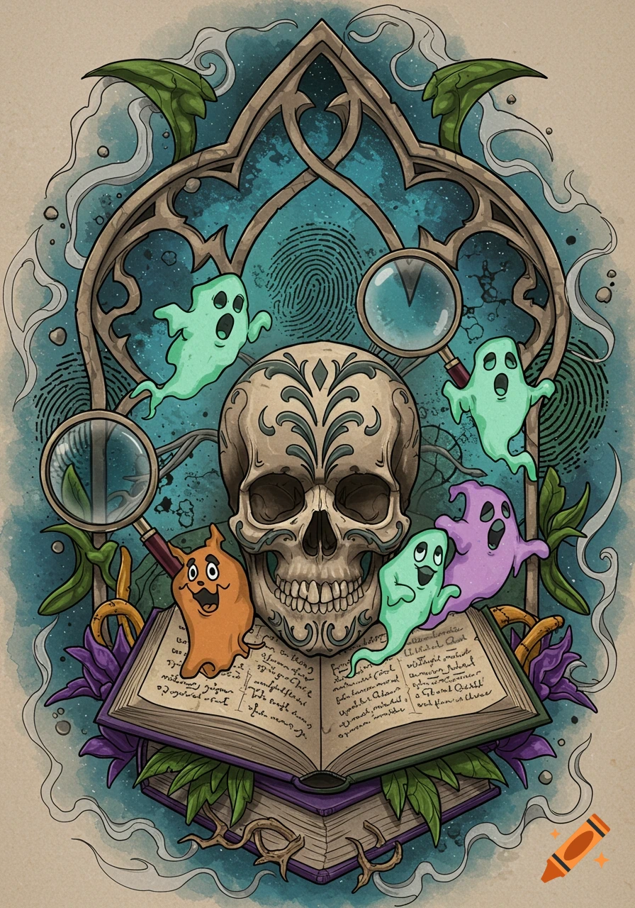 An illustrative image featuring a decorated skull on an open book ...