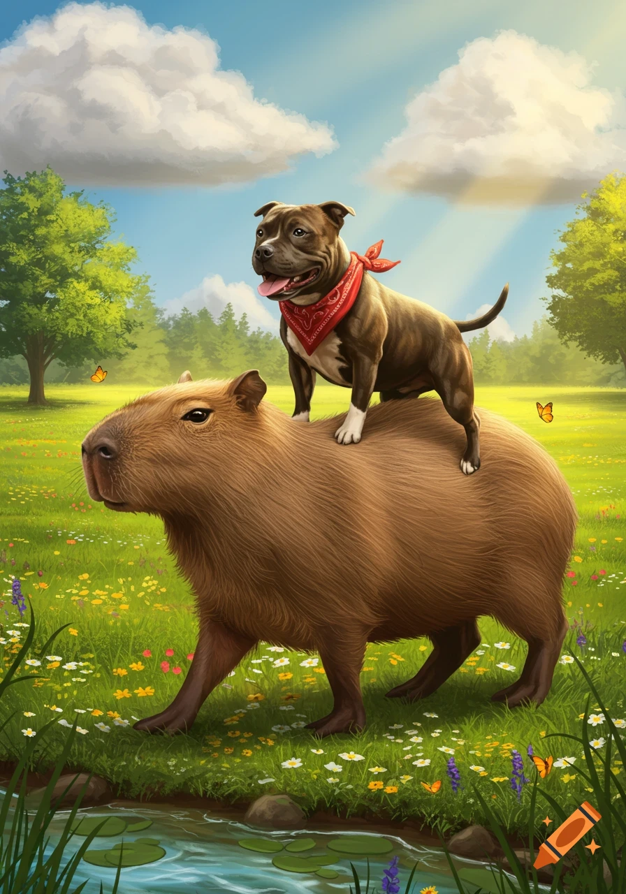 A cute capybara sits under a large green leaf in a lush, green jungle ...