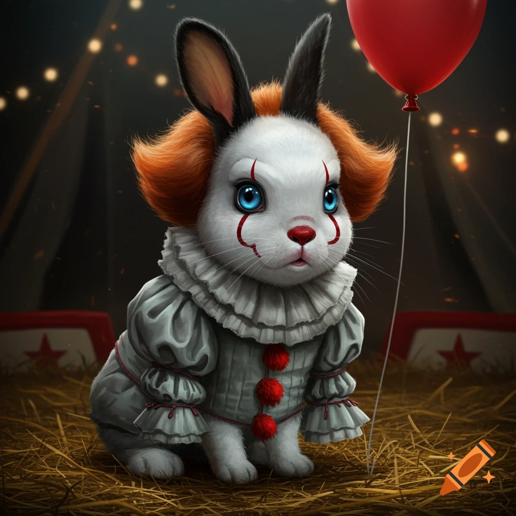 A cute white rabbit with orange clown hair and red facial markings ...