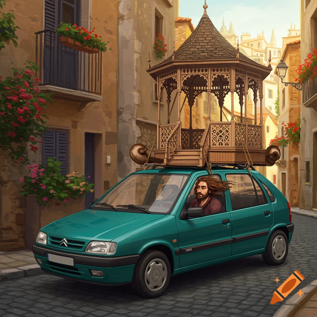 A man with a beard and long hair drives a teal Citroen through a narrow ...