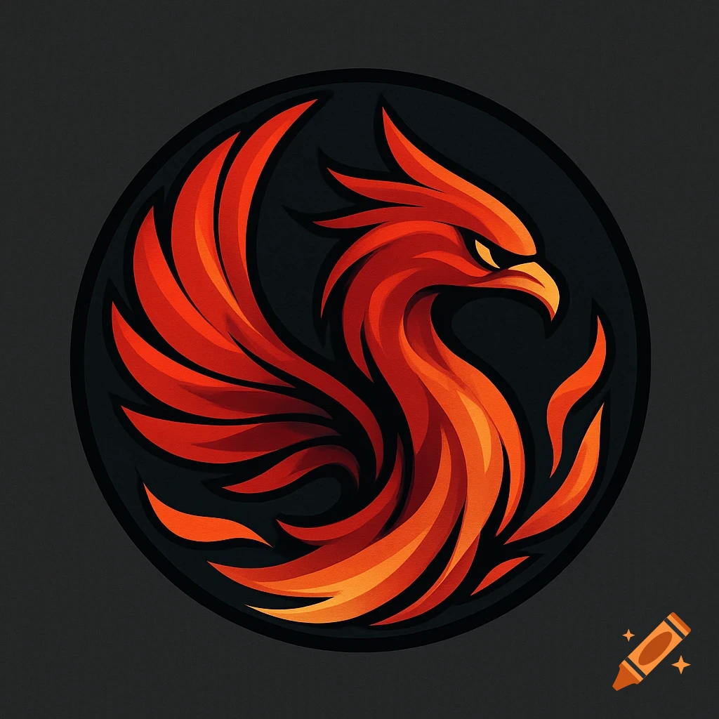 Stylized red and orange phoenix logo with spread wings and flame-like elements. on Craiyon