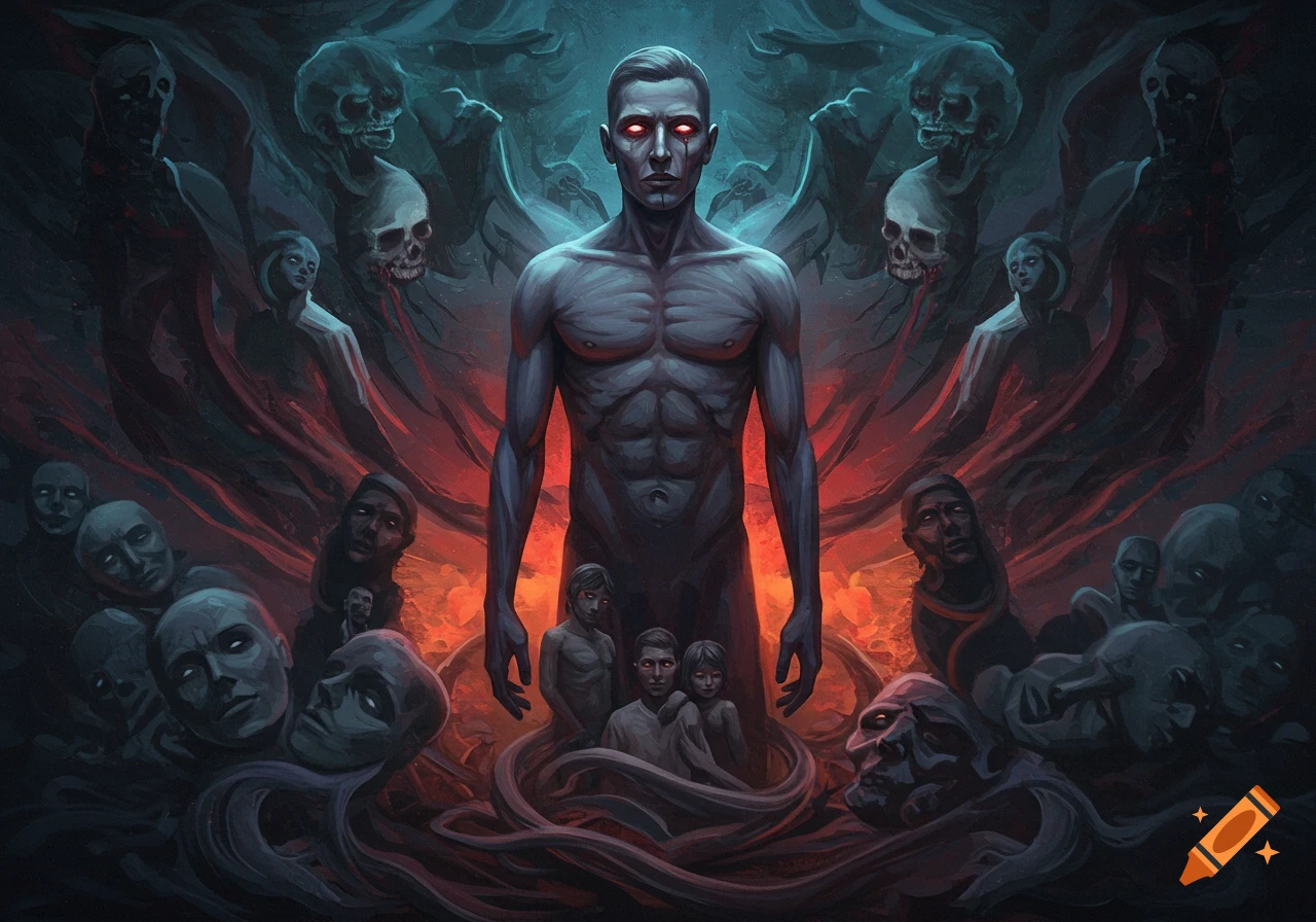 A dark, surreal painting of a muscular man with glowing red eyes ...