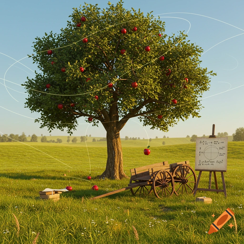 A photorealistic illustration of an apple tree in a field, with apples ...