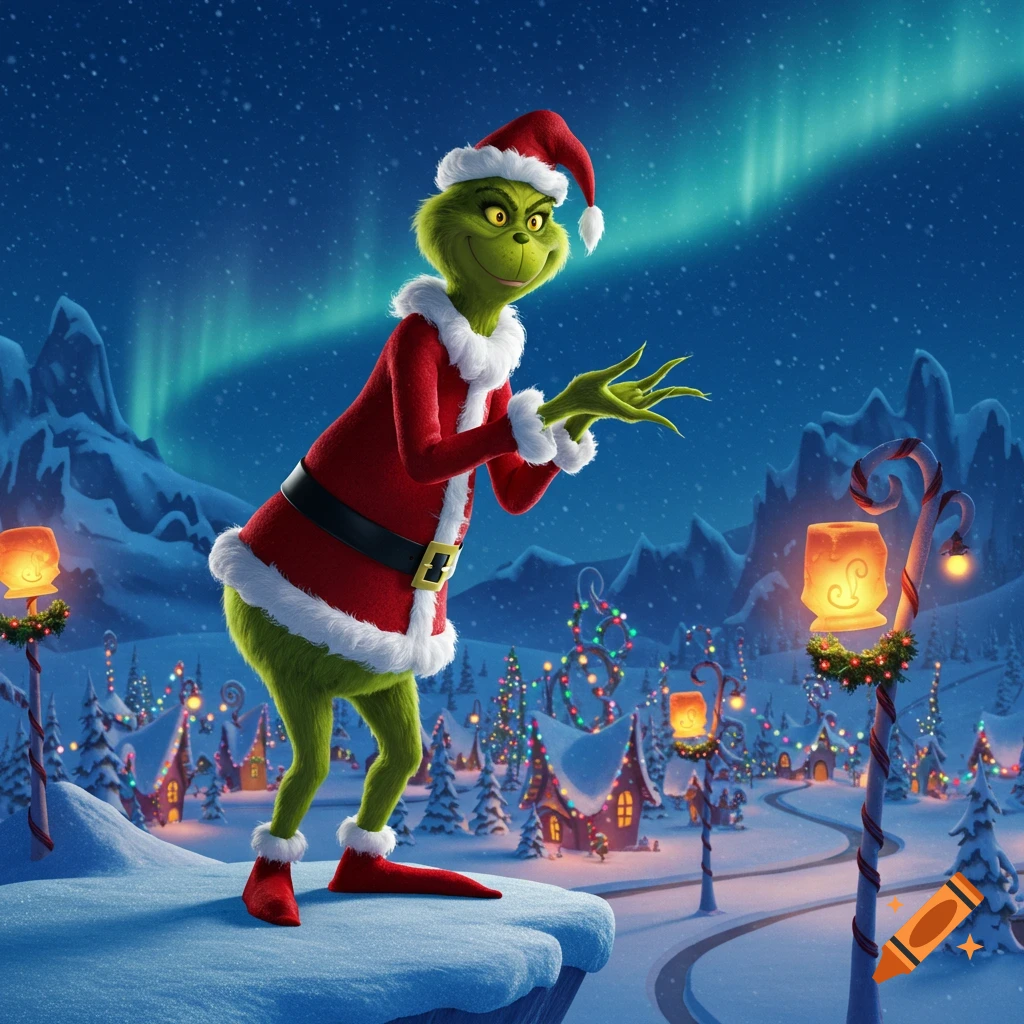 A grumpy Grinch in a Santa suit stands on an icy cliff, overlooking a ...