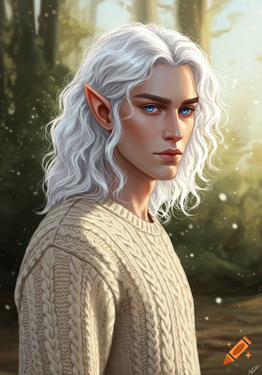 Female wood elf with white hair and blue eyes walking through forest on ...
