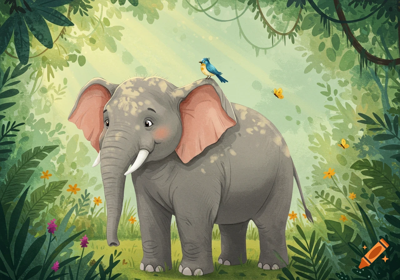 A cartoon monkey jumps over two startled donkeys and an elephant in a ...