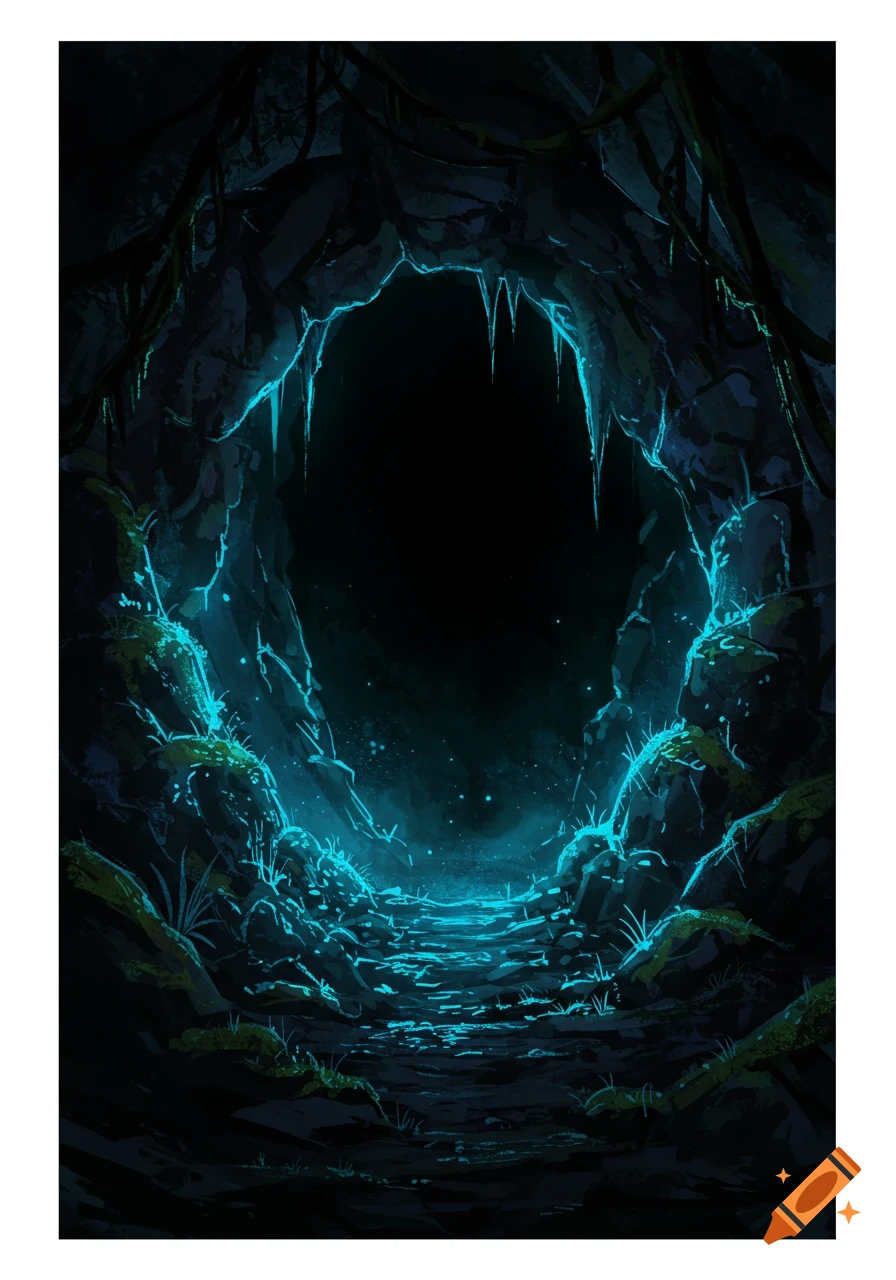 A dark and spooky cave entrance, illuminated by glowing blue light on the rocks and ground. on ...