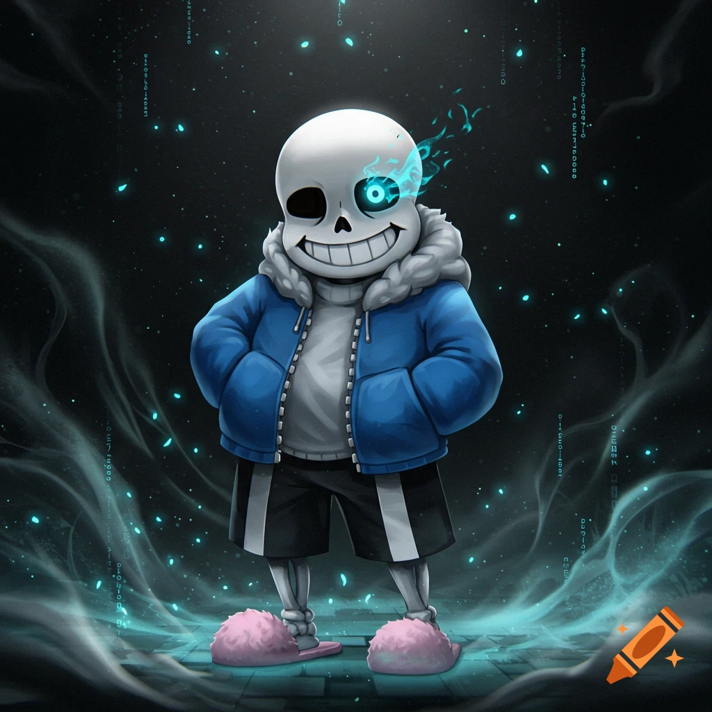 A humanized Sans character with blue hair and a skeleton-like body ...